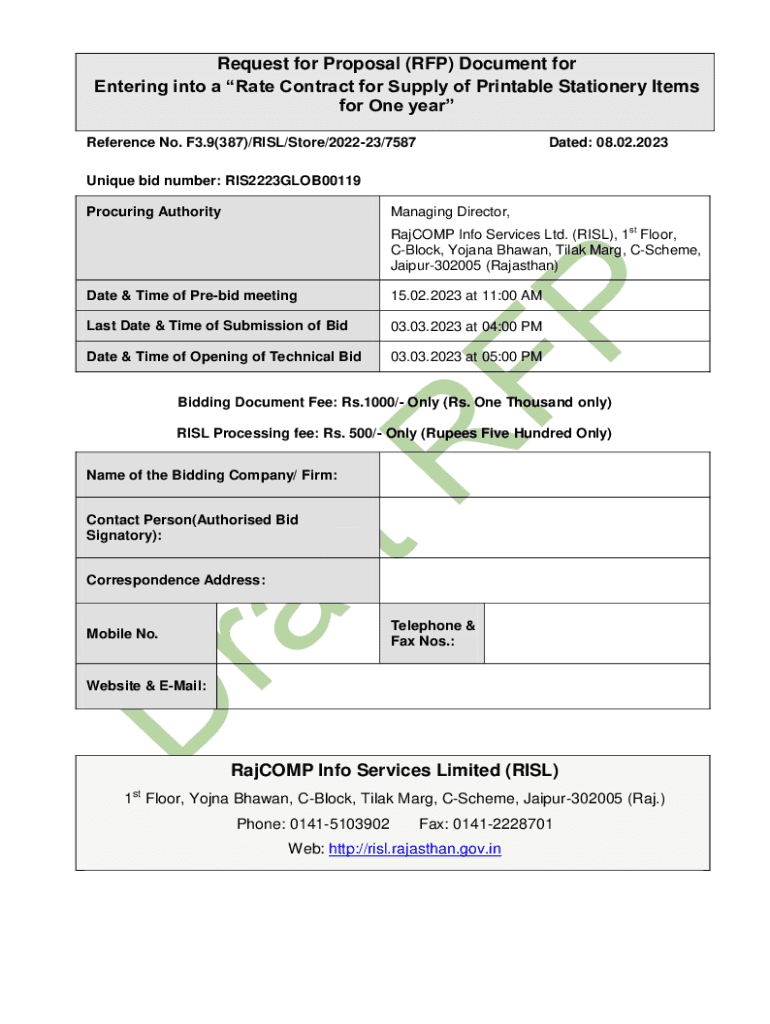 Fillable Online risl rajasthan gov REQUEST FOR PROPOSAL (RFP) - General Office Supplies ... Fax ...