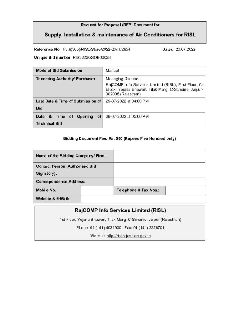Fillable Online Risl Rajasthan Gov Request For Proposal Rfp Supply Installation Fax Email