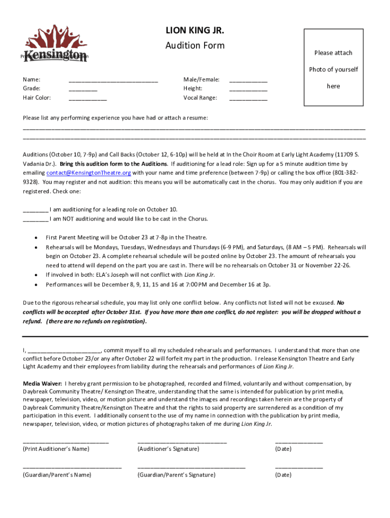 Fillable Online LION KING JR. Audition Form Fax Email Print - pdfFiller
