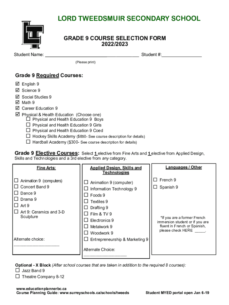 Fillable Online GRADE 9 COURSE SELECTION FORM Fax Email Print - pdfFiller