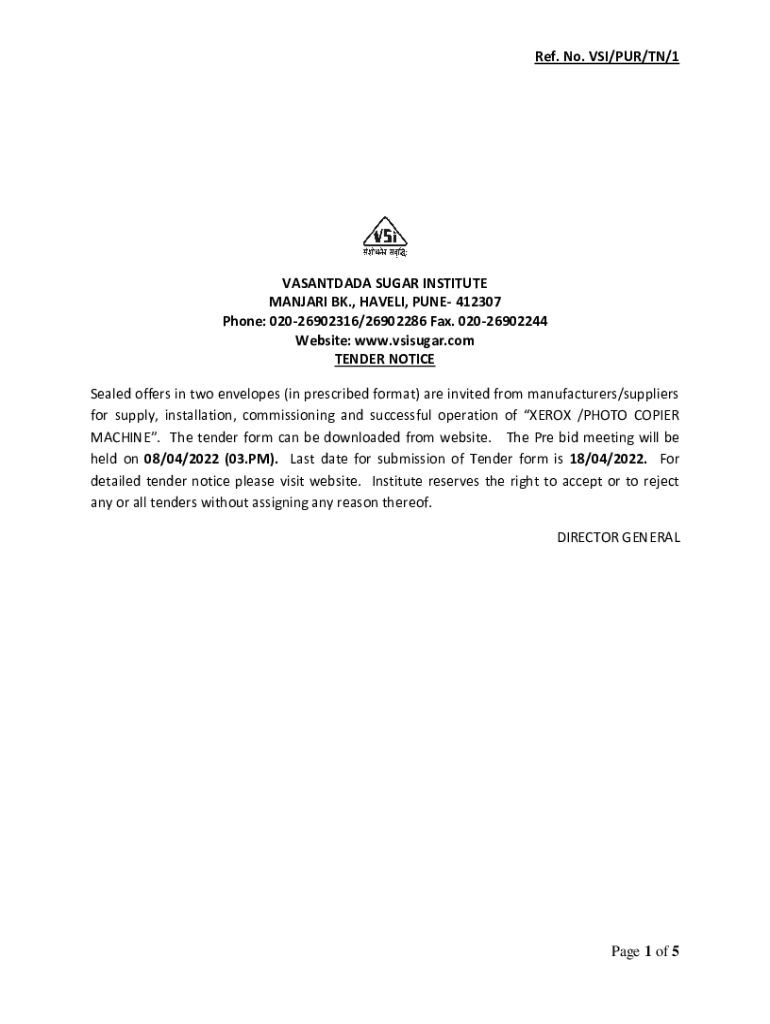 Fillable Online Ref. No. VSI/ESTATE/TN/3 (1) 1 VASANTDADA SUGAR ... Fax ...