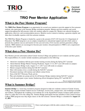 Fillable Online TRIO Peer Mentor Application - Central Arizona College Fax Email Print - pdfFiller