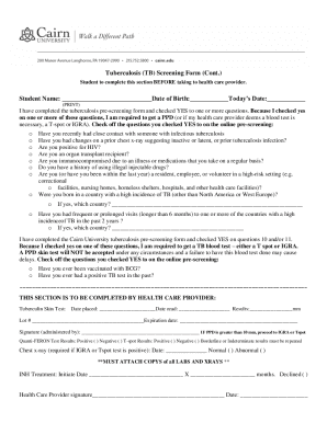 Fillable Online Tuberculosis (TB) Screening Form (Cont.) Student Name ...