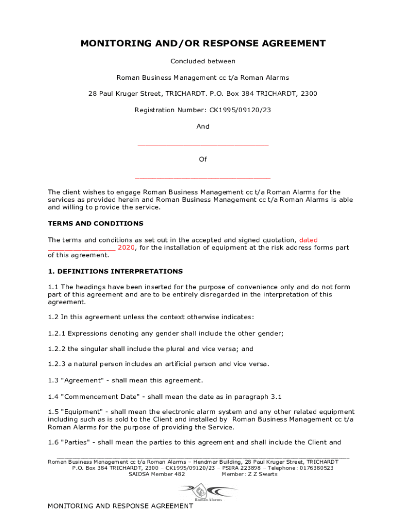 Fillable Online Roman Alarms - MONITORING AND/OR RESPONSE AGREEMENT Fax Email Print - pdfFiller