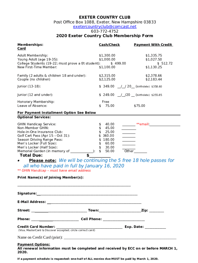 2020 Exeter Country Club Membership Doc Template | pdfFiller