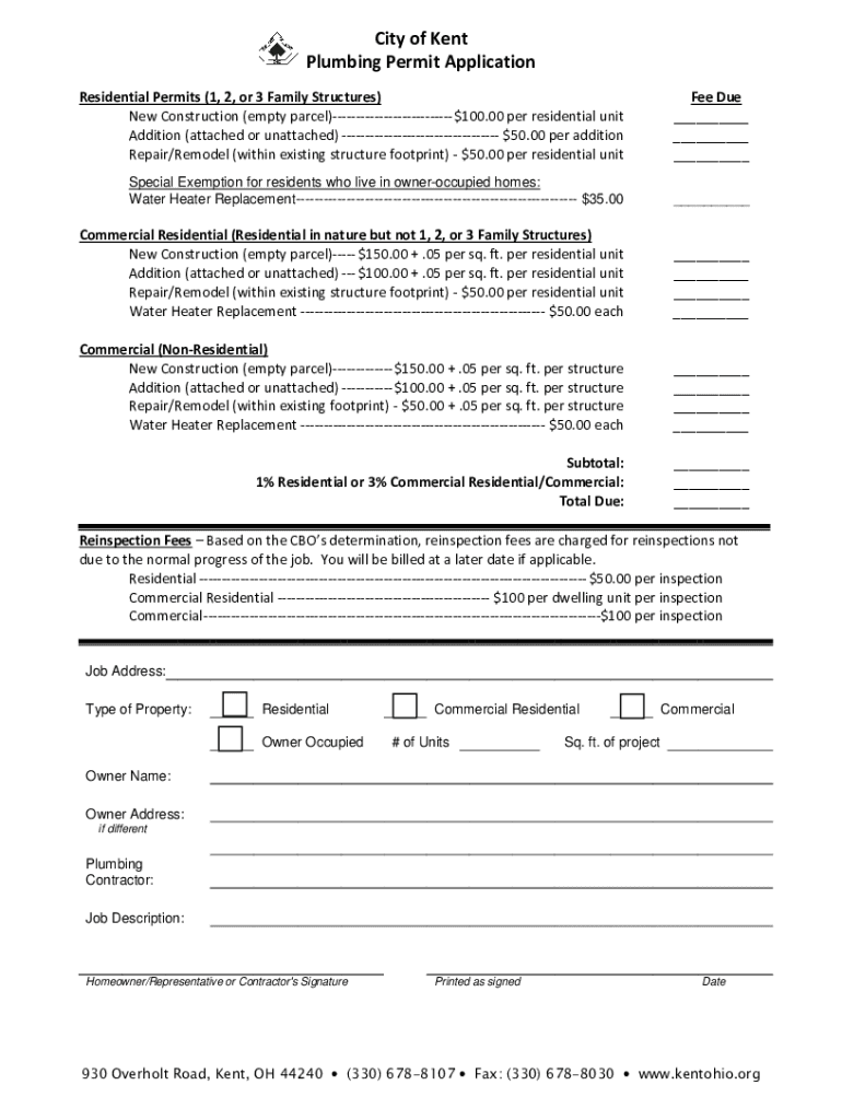 Fillable Online City of Kent Plumbing Permit Application Fax Email ...