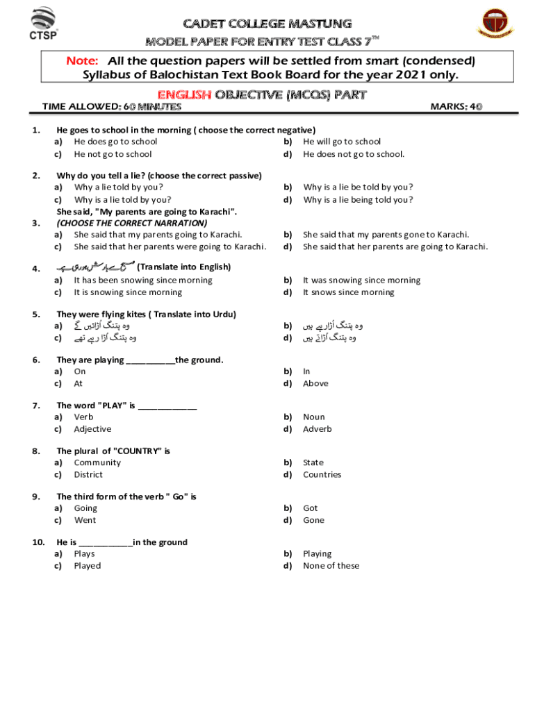 Fillable Online cadetcollegemastung edu model paper for entry test ...