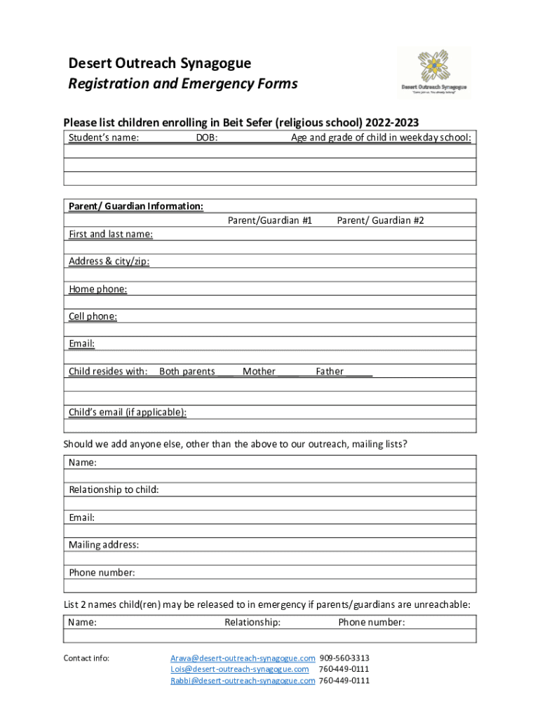 Fillable Online Desert Outreach Synagogue Registration and Emergency ...