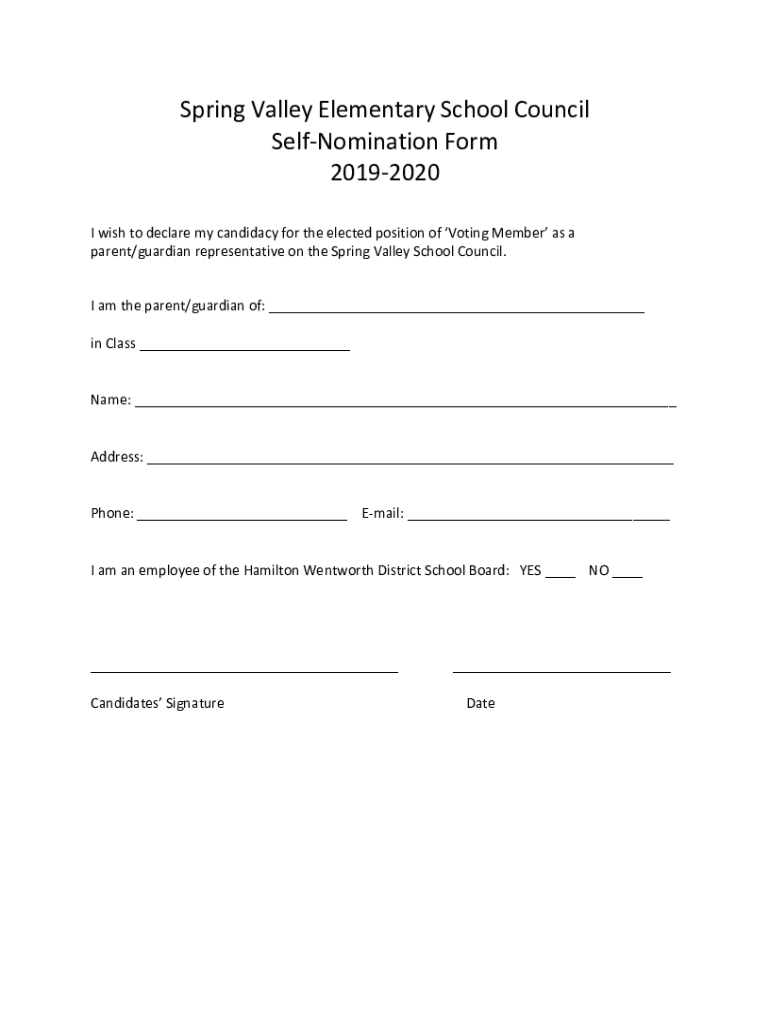 Fillable Online School Council Parent Self-nomination Form Fax Email ...