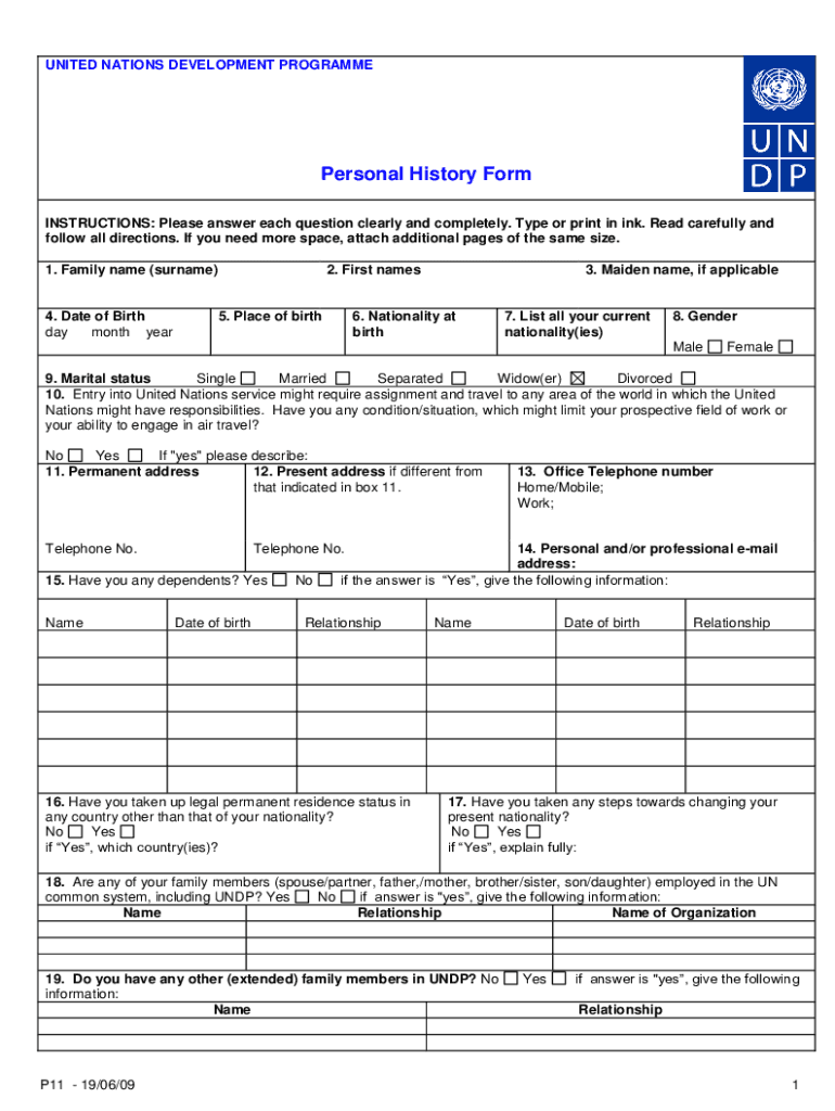 Fillable Online procurement-notices undp Un Personal History Form P 11 Mosesov - Claim Genius ...