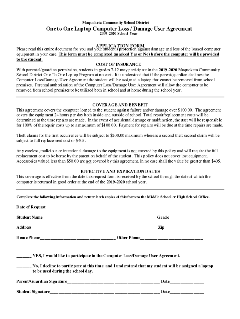 Fillable Online One to One Laptop Computer Loss / Damage User Agreement ...