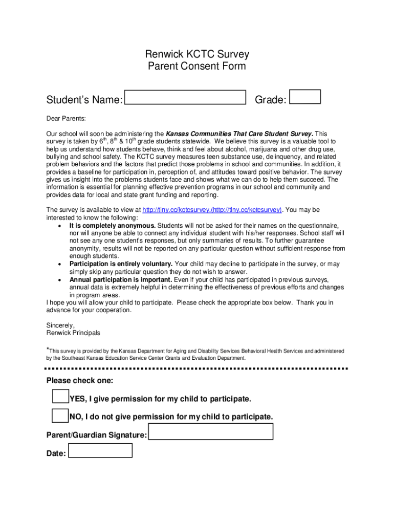 Fillable Online Renwick KCTC Survey Parent Consent Form Student's Name ...