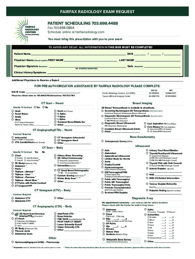 Fillable Online FAIRFAX RADIOLOGY EXAM REQUEST PATIENT SCHEDULING ...