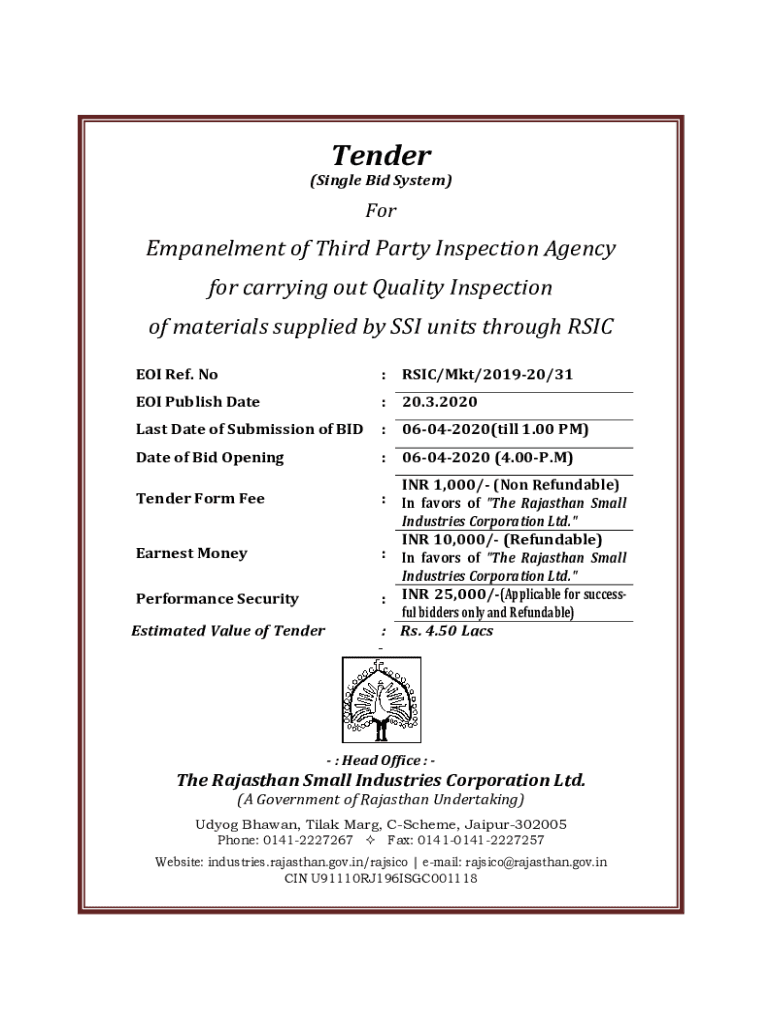 Fillable Online Tender for Empanelment of Third Party Inspection Agency ...