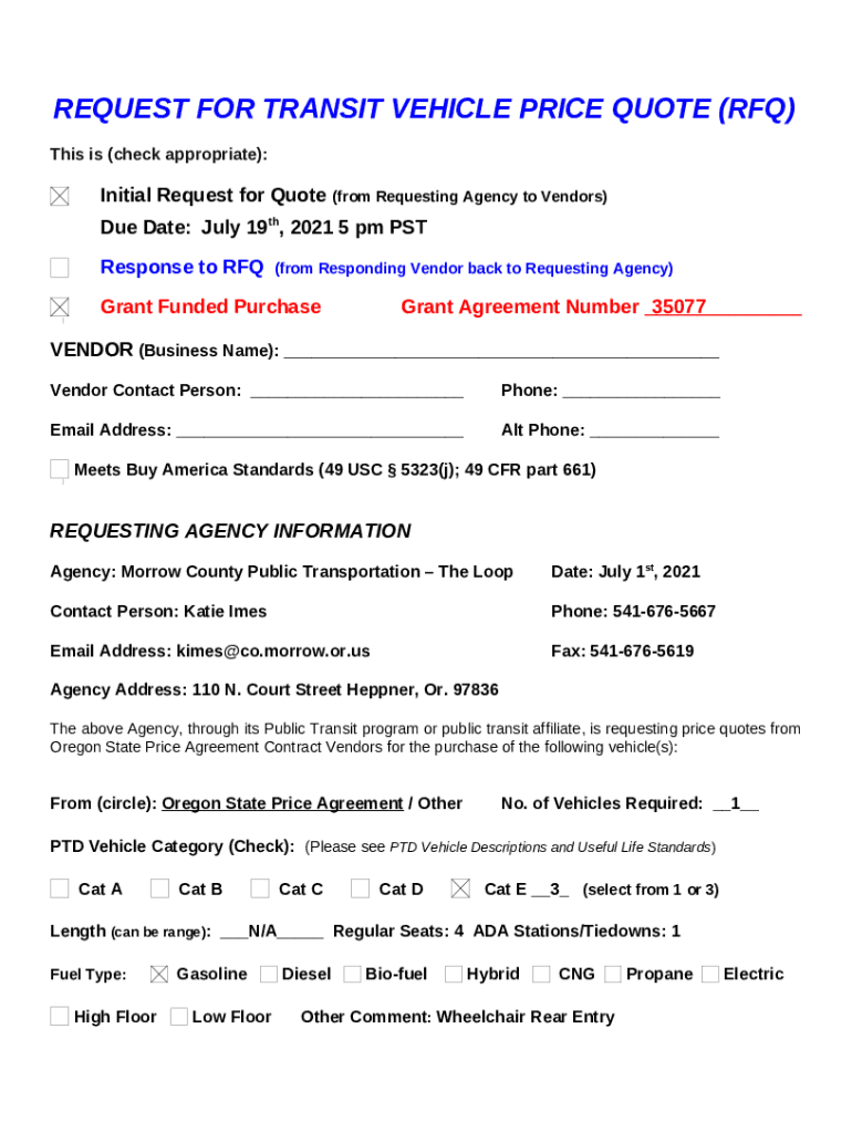 Request for Transit Vehicle Price Quote (RFQ) Vendor ... Doc Template ...