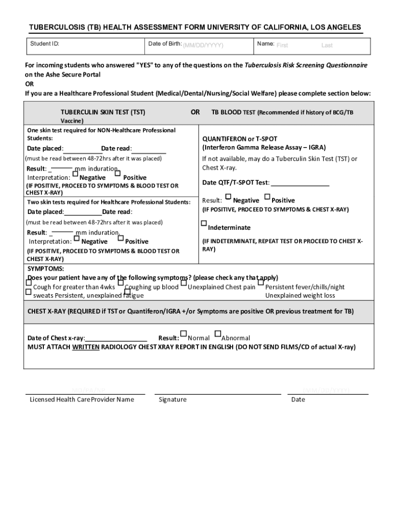 Fillable Online TUBERCULOSIS (TB) HEALTH ASSESSMENT FORM UNIVERSITY ...
