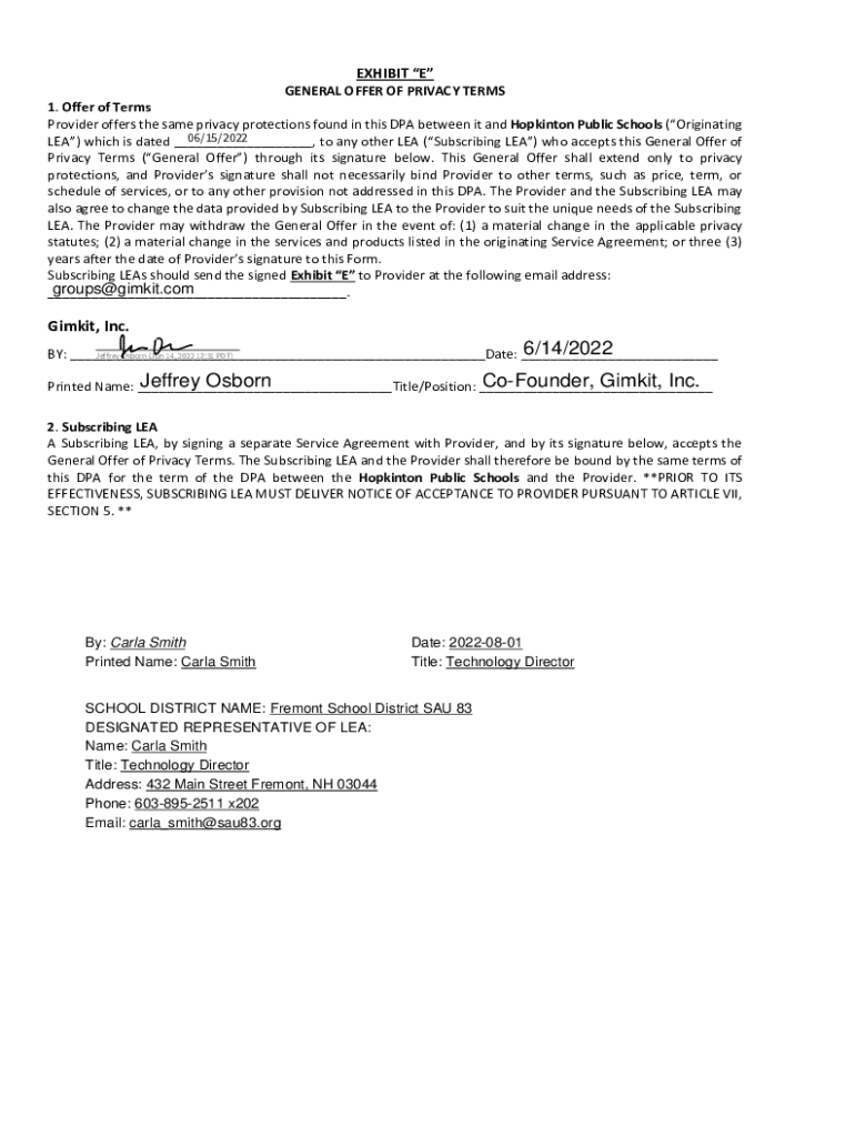 Fillable Online to any other LEA (Subscribing LEA) who accepts this General Offer of Fax Email ...