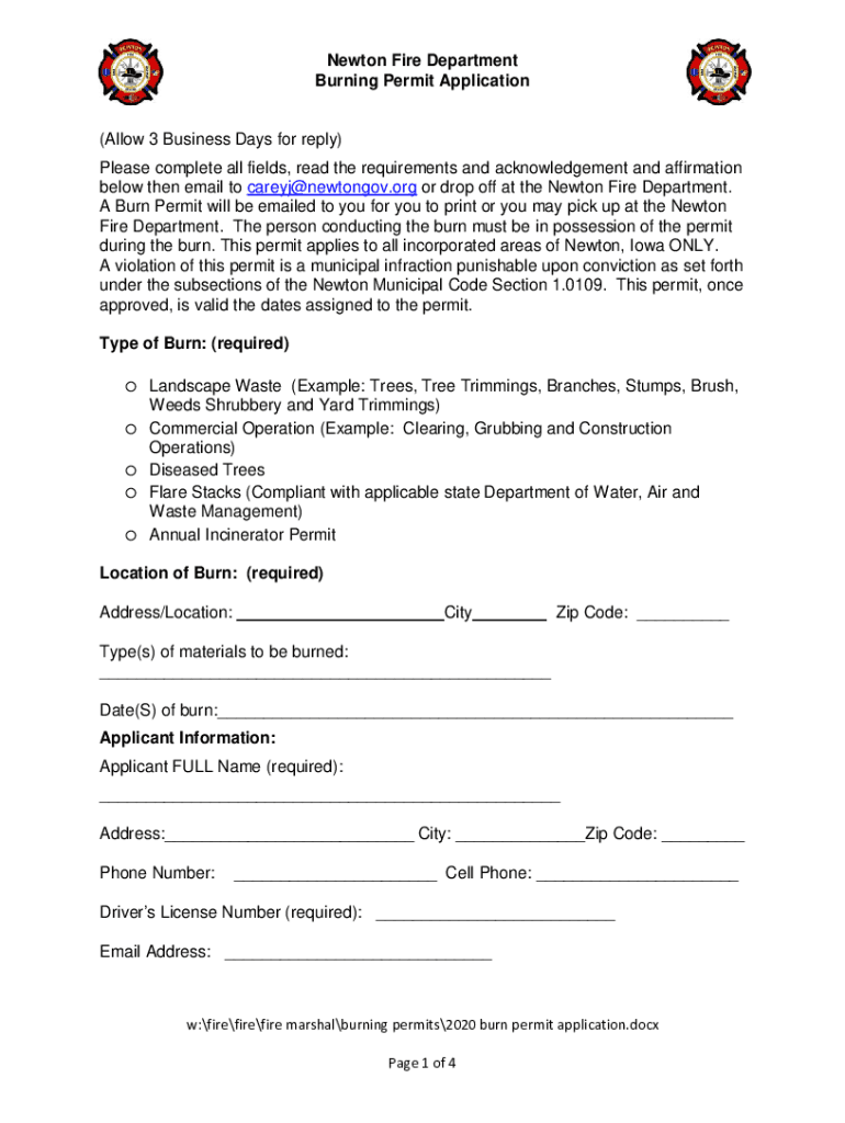 Fillable Online Newton Fire Department Burning Permit Application (Allow 3 ... Fax Email Print ...