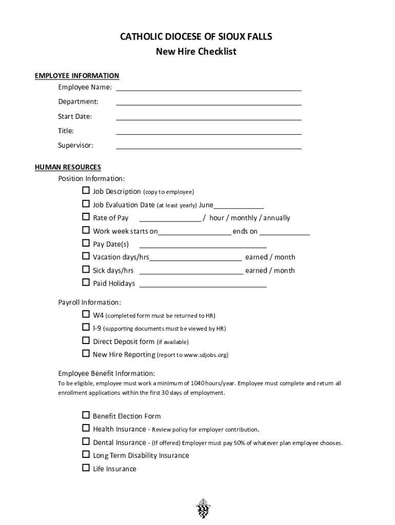 Fillable Online CATHOLIC DIOCESE OF SIOUX FALLS New Hire Checklist Fax Email Print - pdfFiller