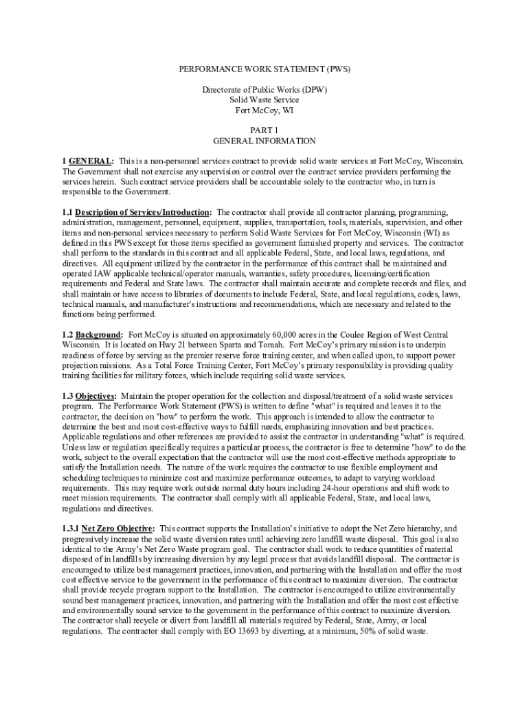 Fillable Online PERFORMANCE WORK STATEMENT (PWS) Directorate of Public ...