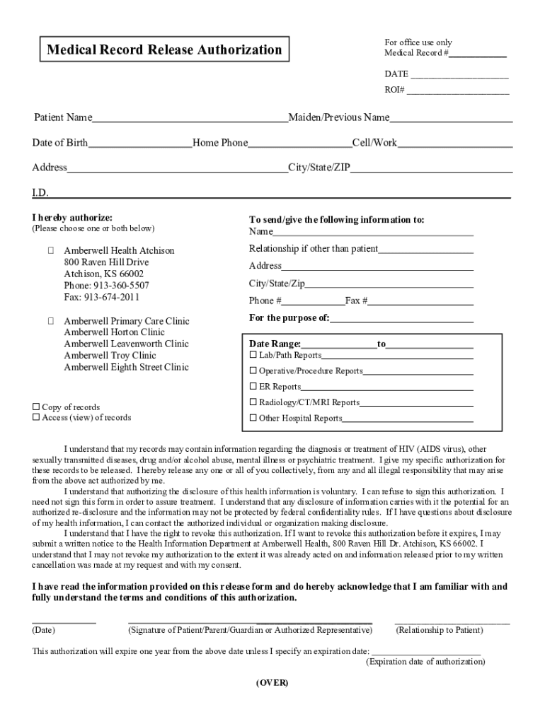 Fillable Online Medical Record Release Authorization Amberwell Health Fax Email Print - pdfFiller