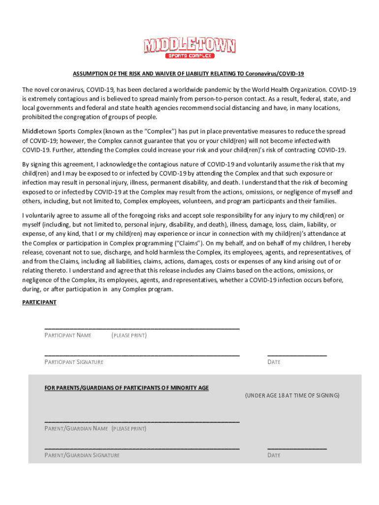 Fillable Online ASSUMPTION OF THE RISK AND WAIVER OF LIABILITY RELATING TO Coronavirus/COVID-19 ...