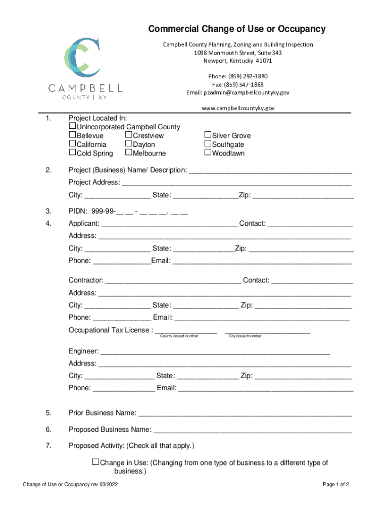 Fillable Online Commercial Change of Use or Occupancy - Campbell County ...