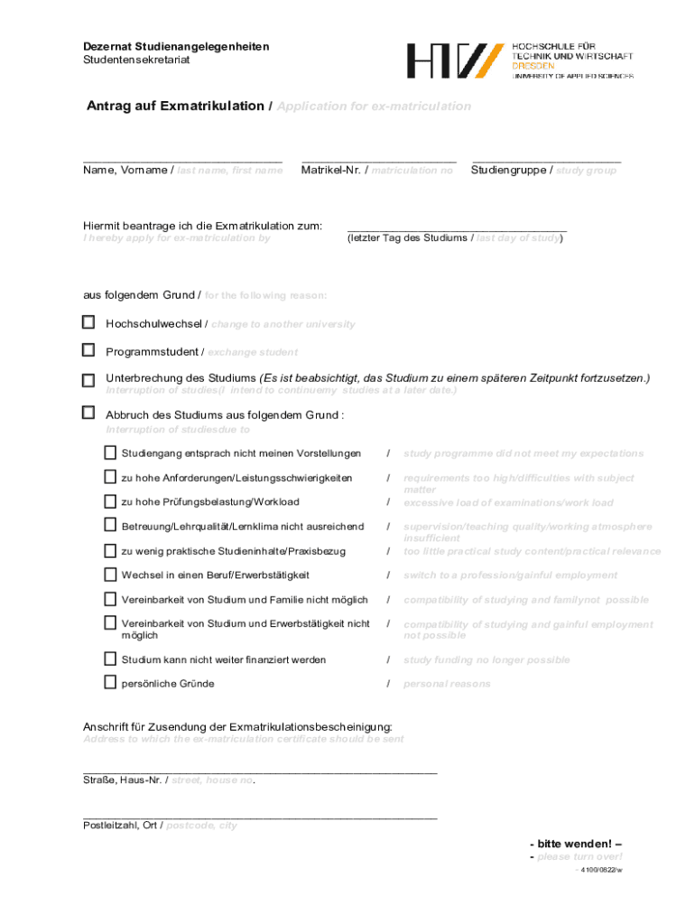 Ausfüllbar Online Antrag auf Exmatrikulation - HTW Dresden Fax Email ...