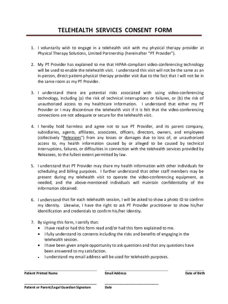Fillable Online Telehealth Patient Consent Form - Integral Physical ...