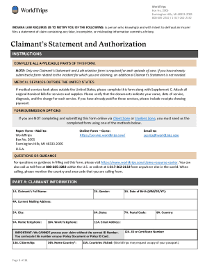 Fillable Online WorldTrips Claimant's Statement and Authorization Form Fax Email Print - pdfFiller
