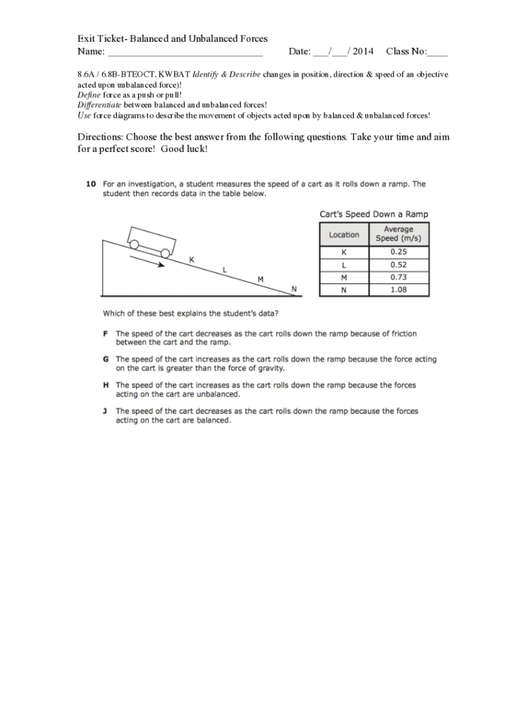Fillable Online Exit Ticket- Balanced and Unbalanced Forces Name Fax ...