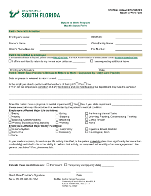 Fillable Online Return to Work Program Health Status Form Part I ...