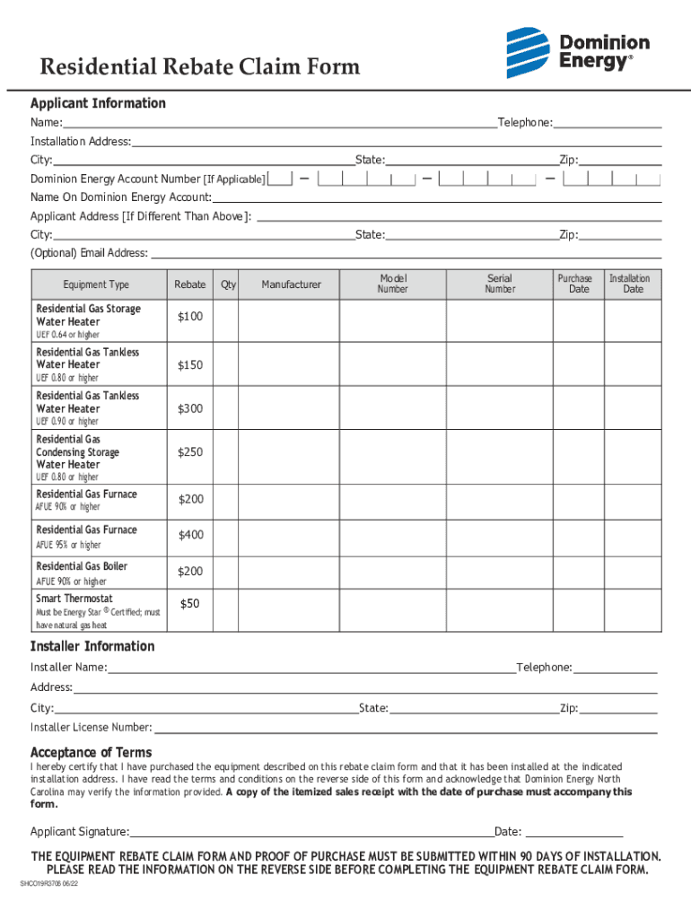 Fillable Online Rebate Application Form (North Carolina Customers) Fax ...