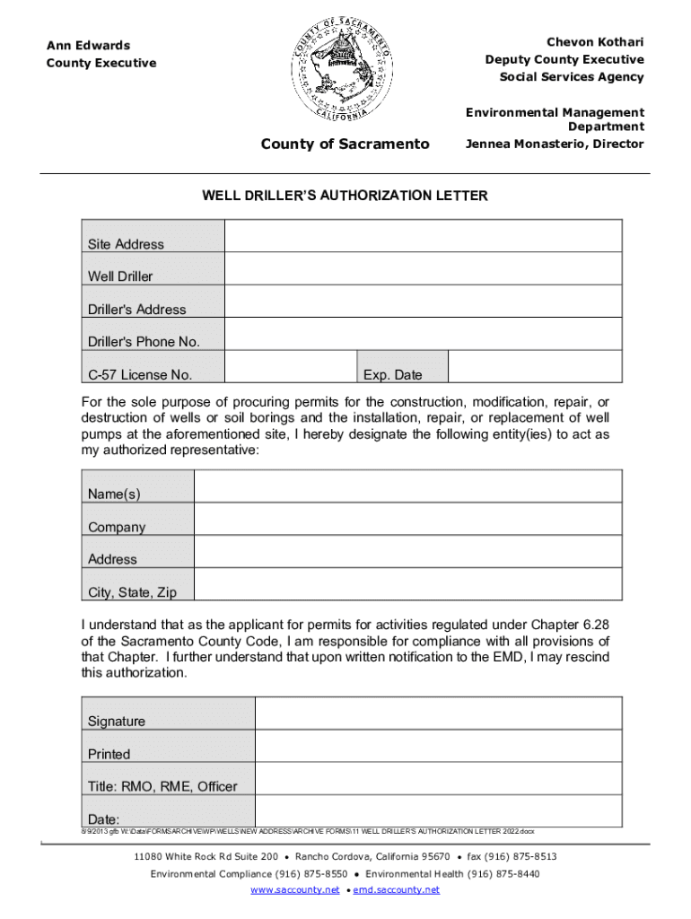 Fillable Online well driller's authorization letter - Environmental ...
