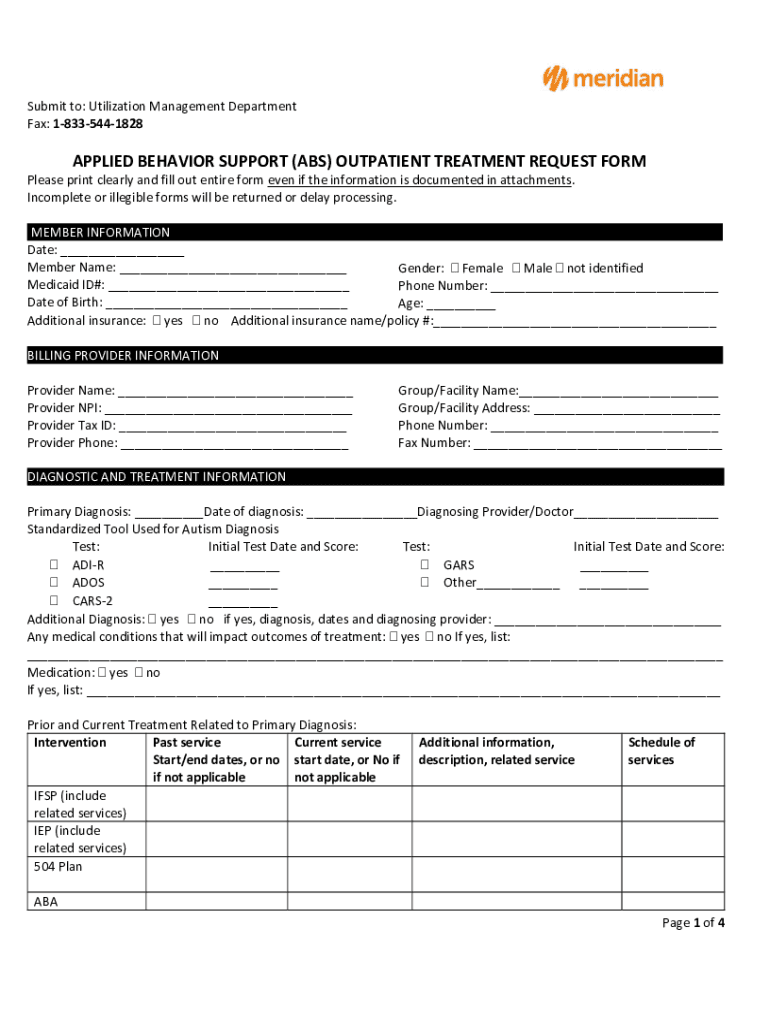Fillable Online Meridian - Applied Behavioral Analysis (ABA) Outpatient ...