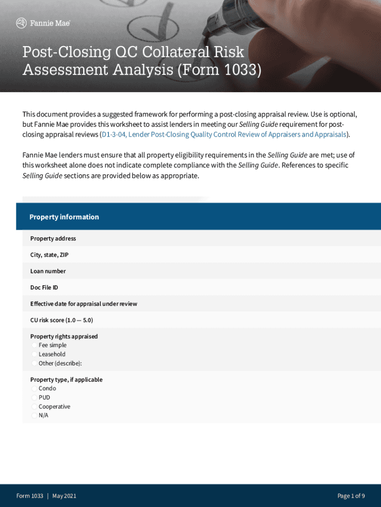 Fillable Online Post Closing QC Collateral Risk Assessment Analysis