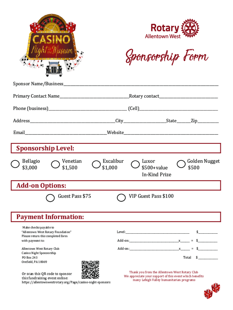Fillable Online Sponsorship Level: Add-on Options: Payment Information ...