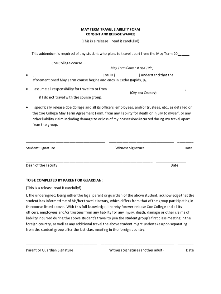 Fillable Online may term travel liability form - consent and release waiver Fax Email Print ...