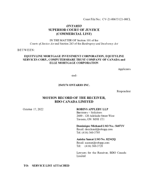 Fillable Online ONTARIO SUPERIOR COURT OF JUSTICE ... - BDO Canada Fax ...