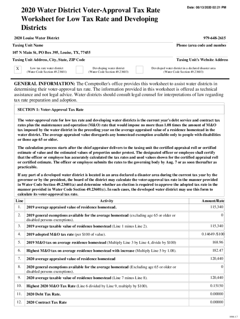 Fillable Online 2020 Water District Voter-Approval Tax Rate Worksheet ...