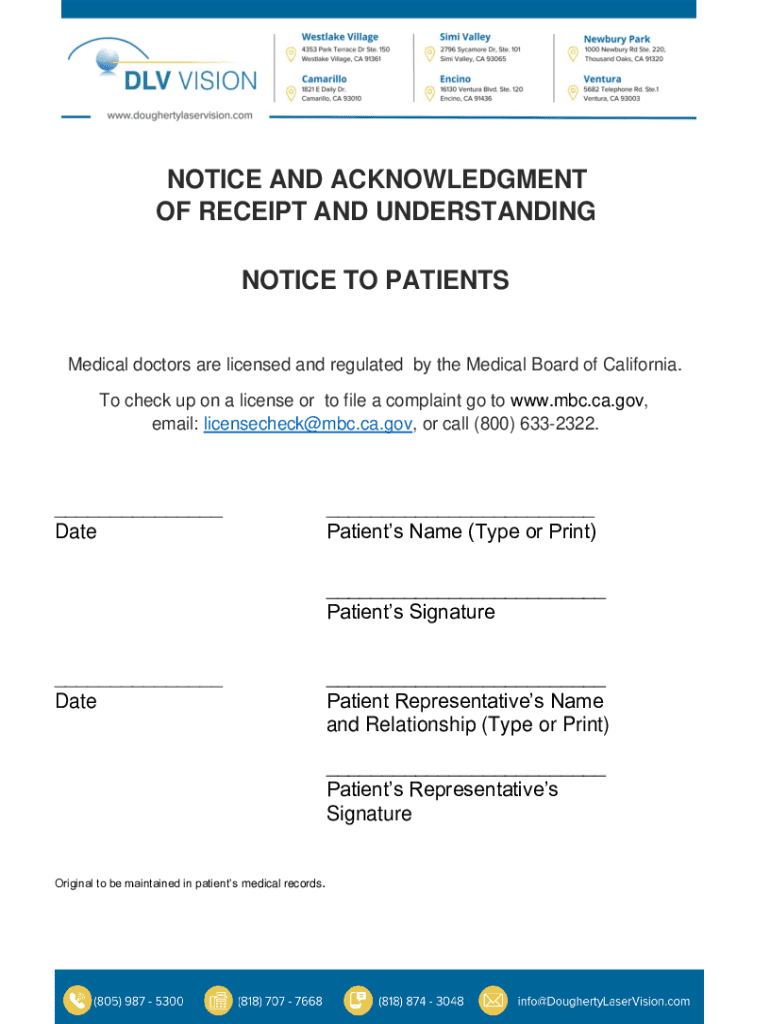 Fillable Online Sample Notice - Acknowledgement Of Receipt - Physician ...
