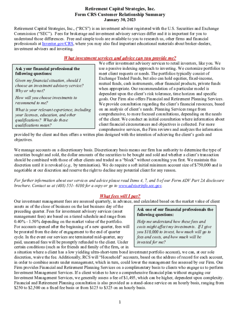 Fillable Online Form Crs Customer Relationship Summary Fax Email Print Pdffiller