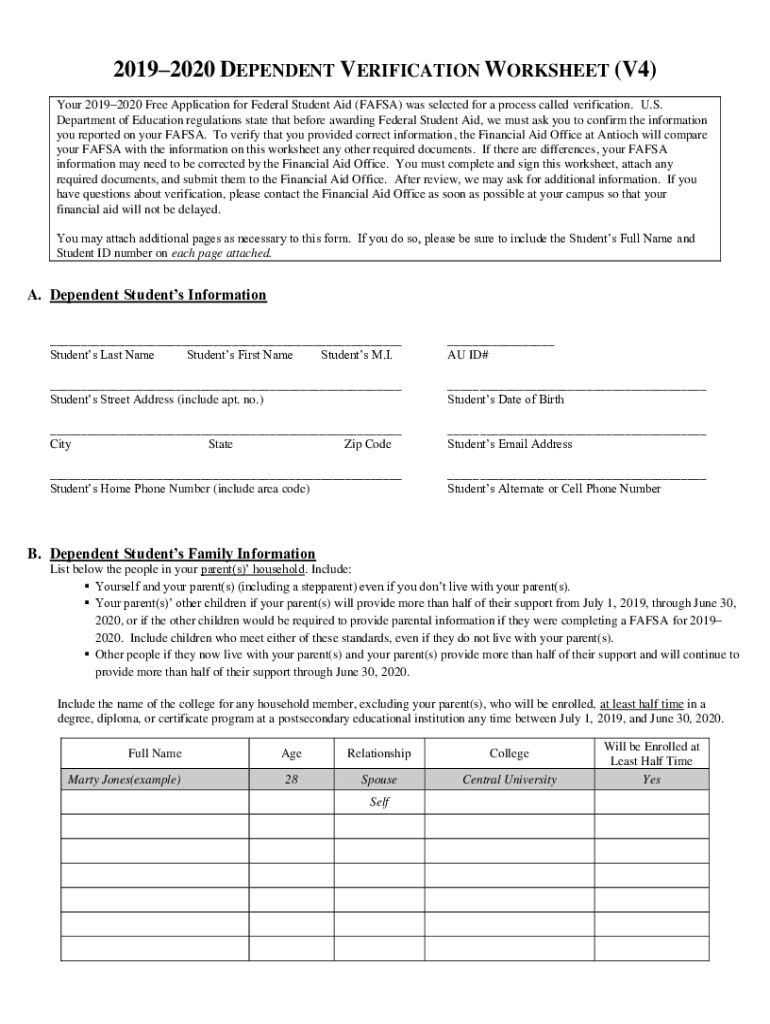 Fillable Online 20192020 Verification WorksheetDependent Student (V4) Fax Email Print - pdfFiller