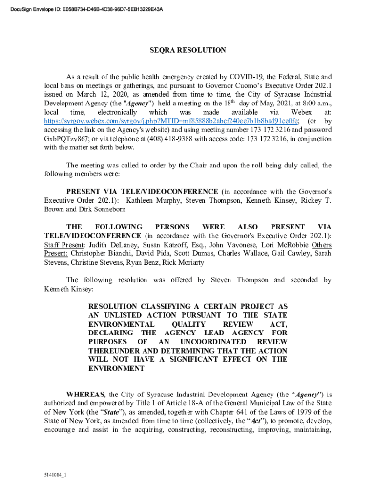 Fillable Online SEQRA RESOLUTION As a result of the public health ...