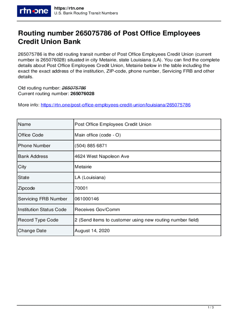 Fillable Online Routing numbers of Post Office Employees Credit Union ...