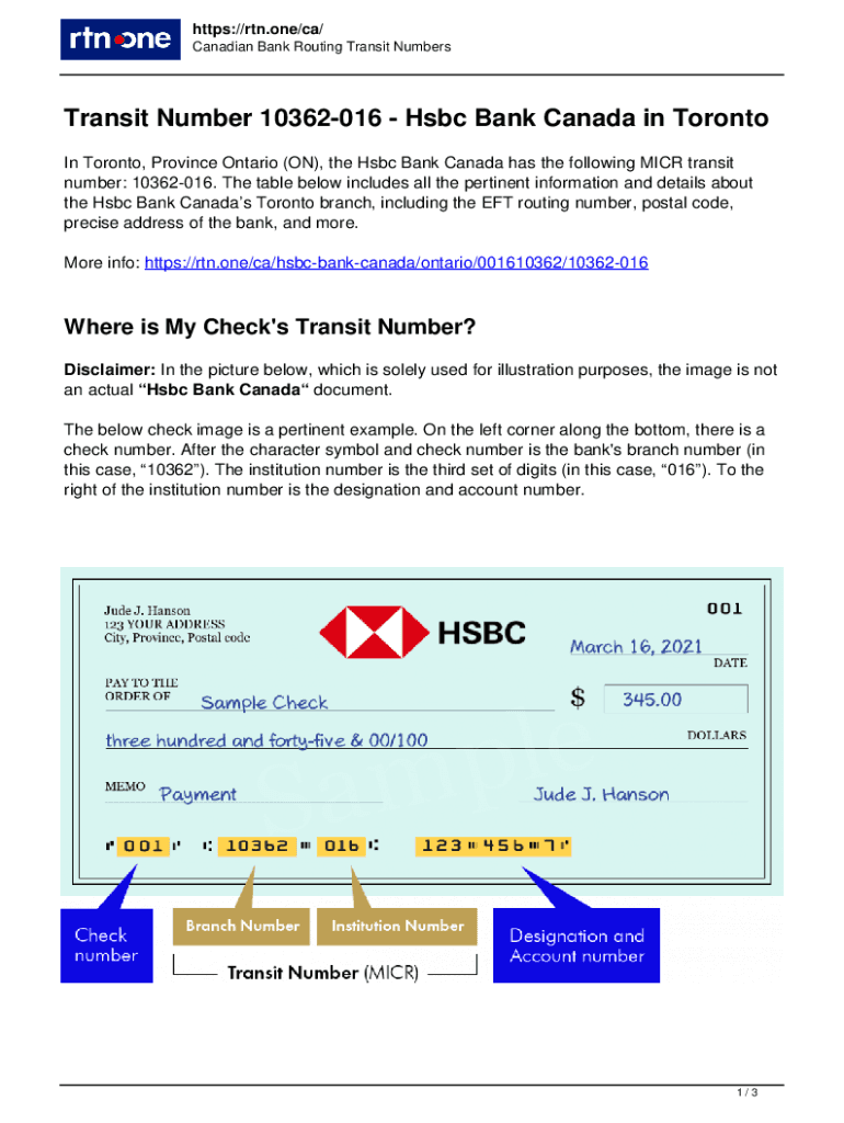 Fillable Online 001610362Transit and Routing Numbers for the Hsbc Bank ...