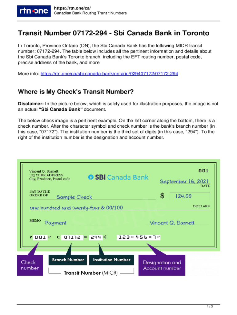 Fillable Online 029407172Transit and Routing Numbers for the Sbi Canada ...