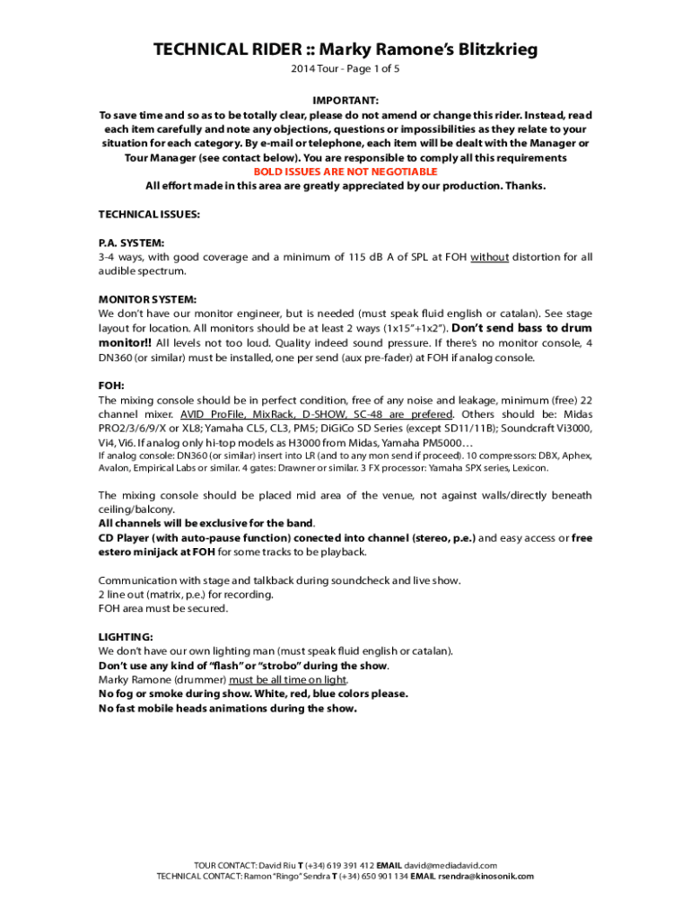 Fillable Online TECHNICAL RIDER :: Marky Ramone's Blitzkrieg Fax Email ...