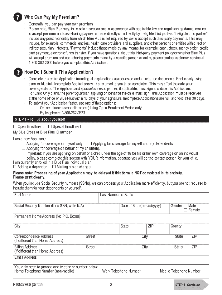 Fillable Online 2023 Individual Family Plan ApplicationF10537R08 ...