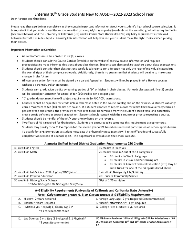 Fillable Online Entering 10th Grade Students New to AUSD2022-2023 ...